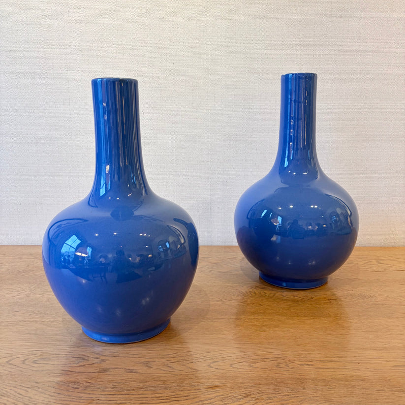 Pair of Chinese Periwinkle Blue Porcelain Bottle Neck Vases, 20th Cent ...